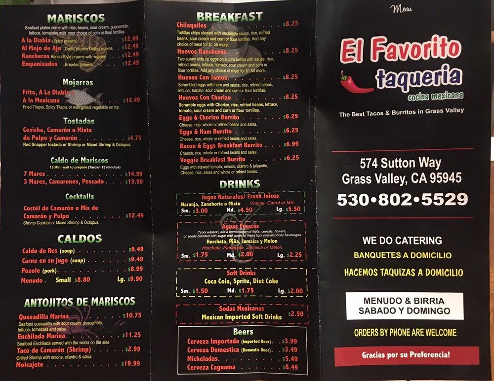 Menu at El Favorito Taqueria restaurant, Grass Valley, 574 Sutton Way
