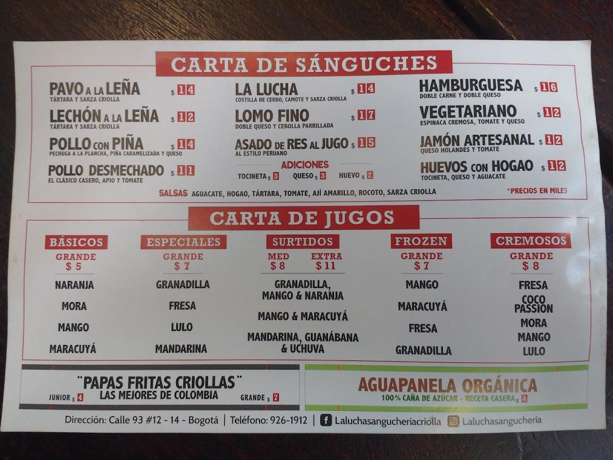 Carta del restaurante LA LUCHA SANGUCHERIA CRIOLLA 93, Bogotá, Cl. 93 ...