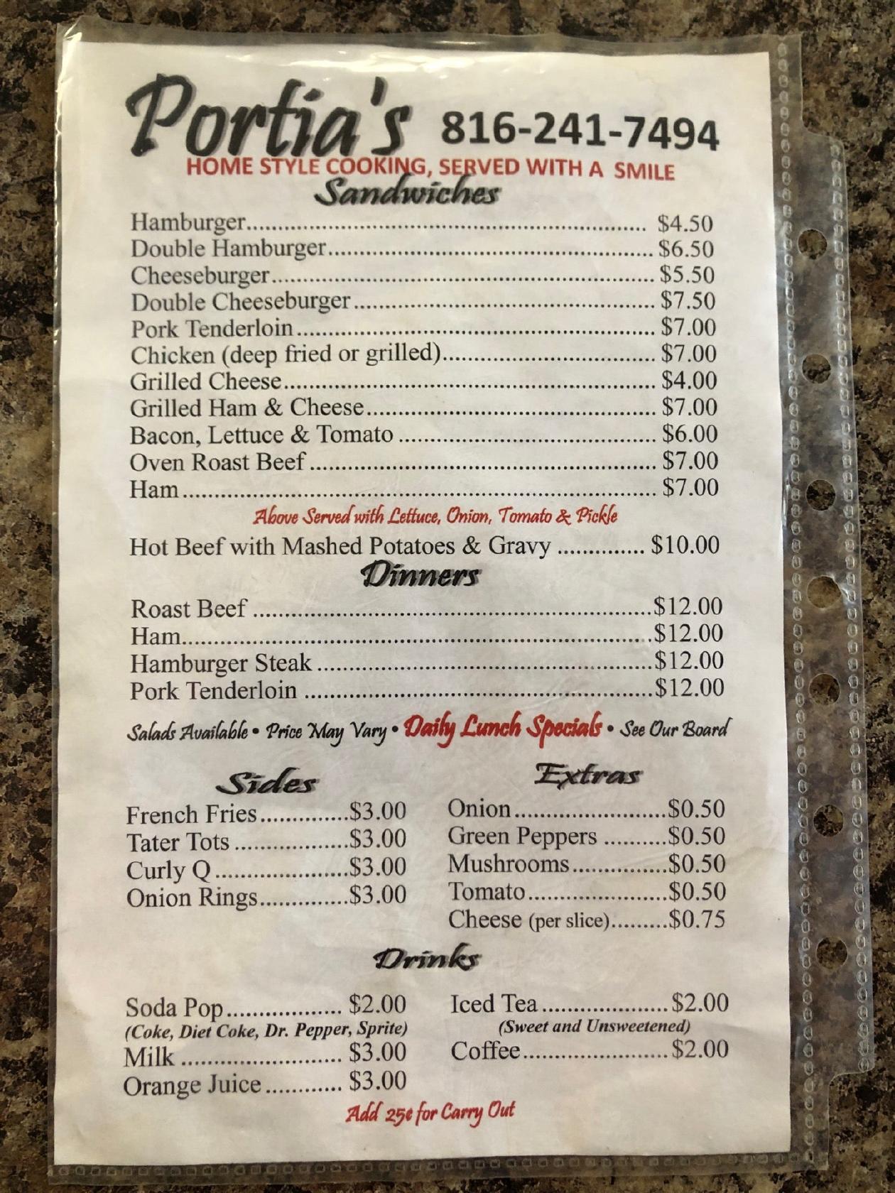 Menu at Portia's Cafe, Kansas City
