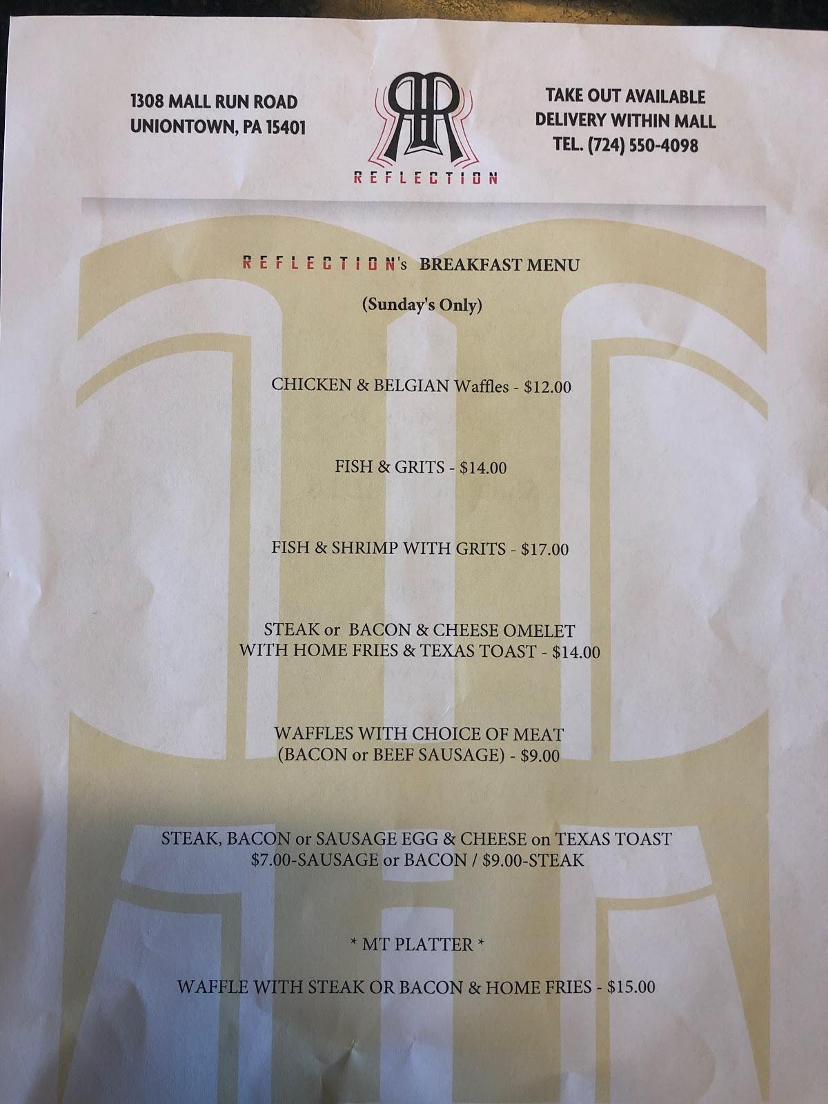 Menu at Reflection (soul food) restaurant, Uniontown