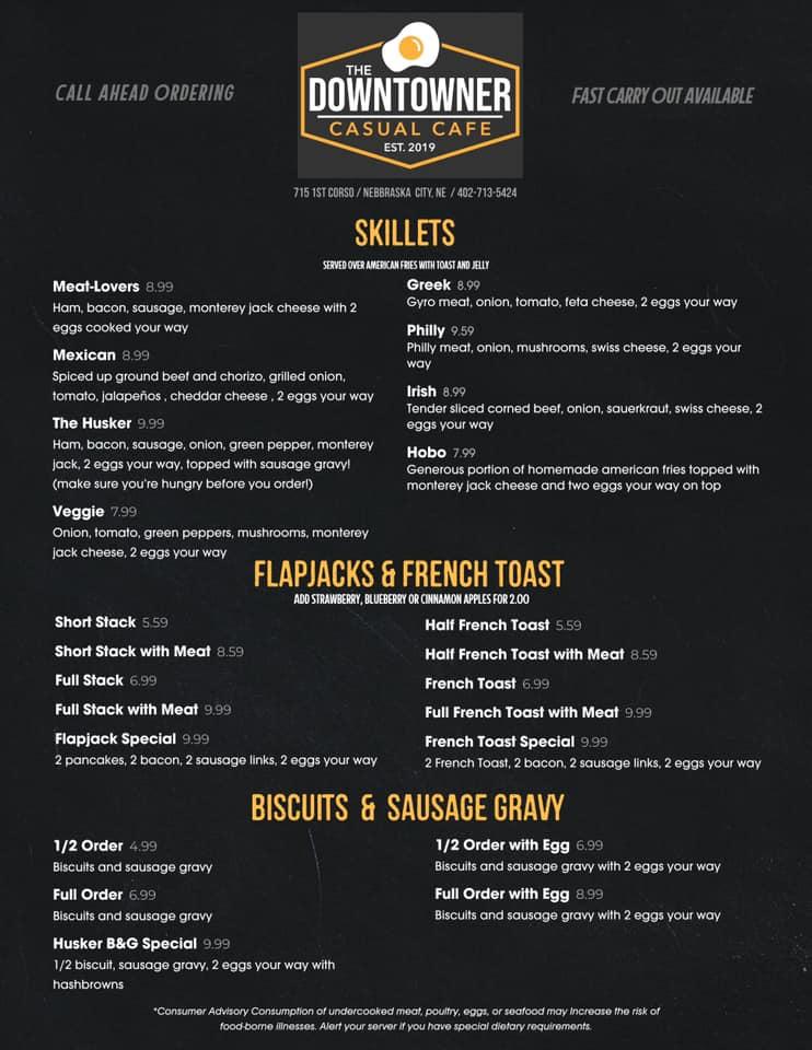 Menu at The Downtowner cafe, Nebraska City