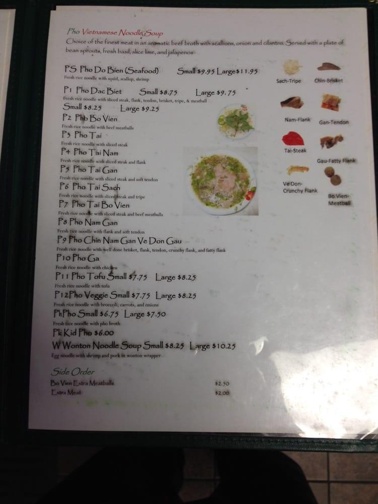 Menu at VN Pho restaurant, Wenatchee