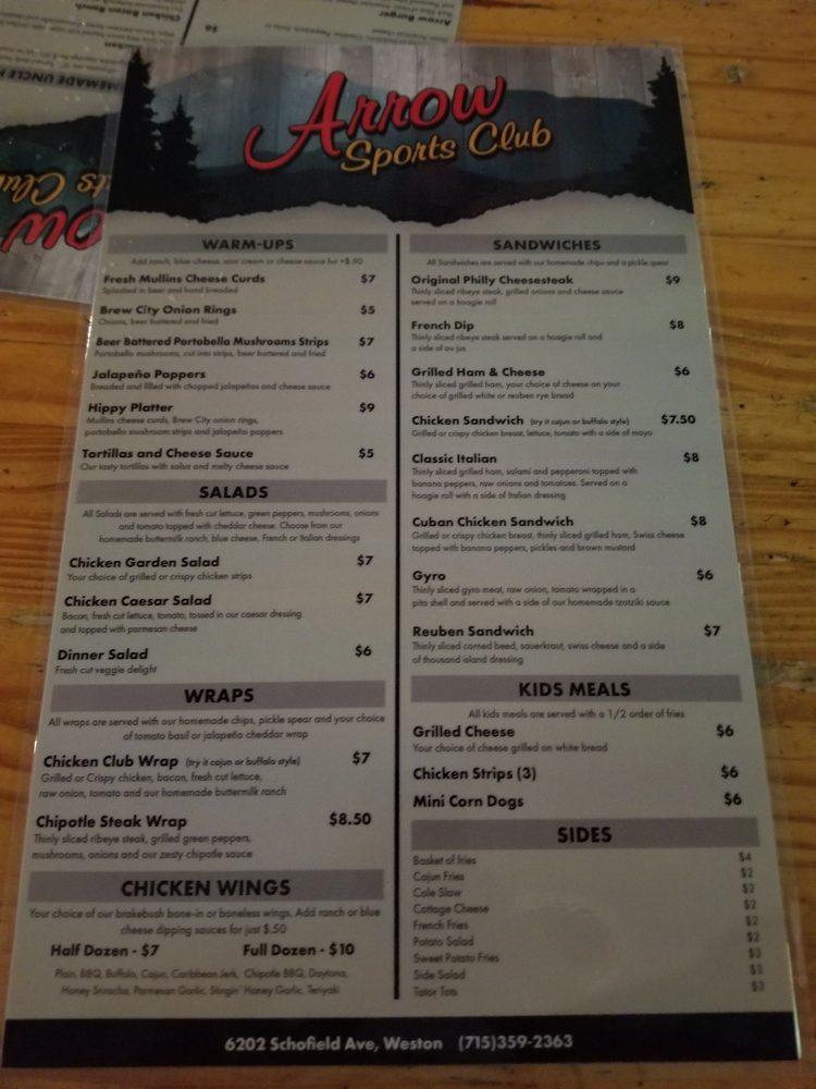 Menu at Arrow Sports Club, Weston