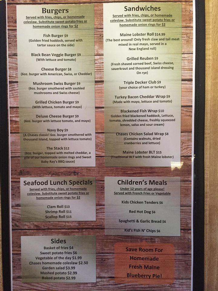 Menu at Chase's Restaurant, Winter Harbor
