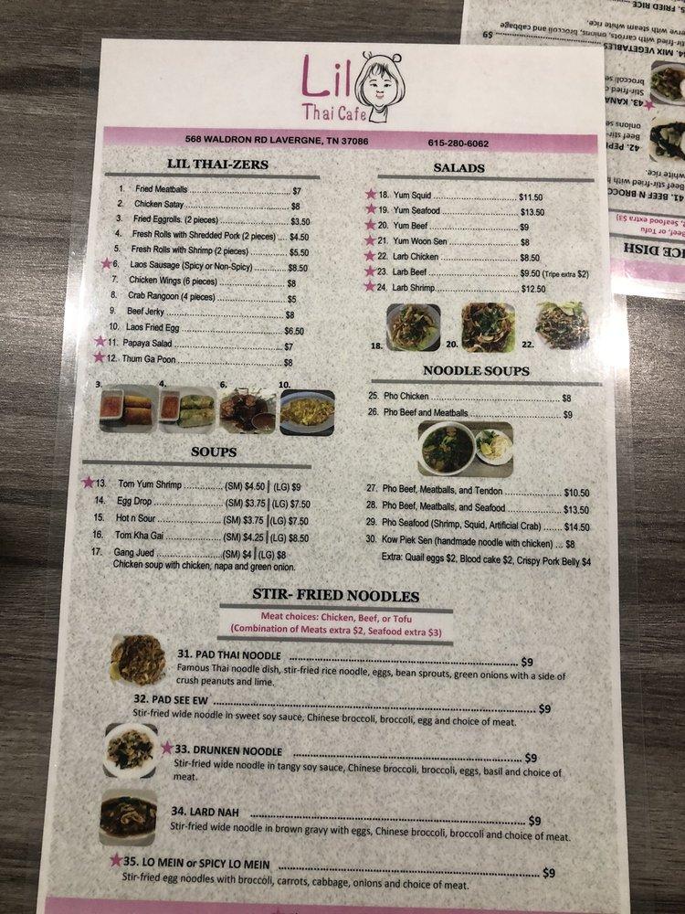 Menu at Lil Thai Cafe, La Vergne
