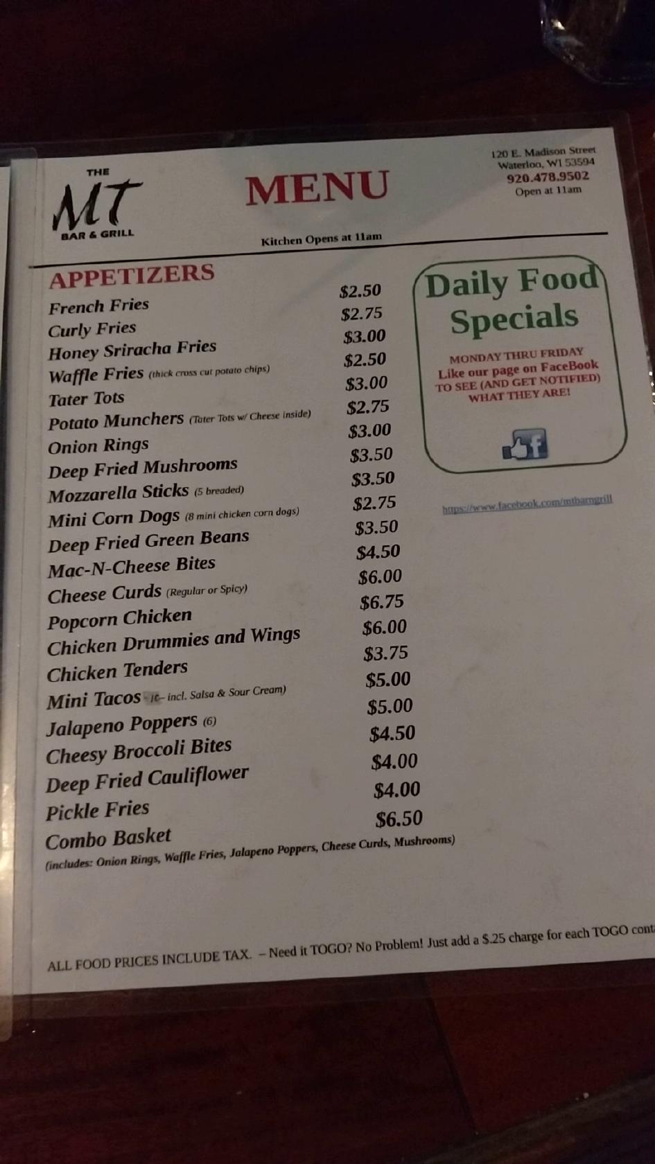 Menu at Mt Bar, Waterloo