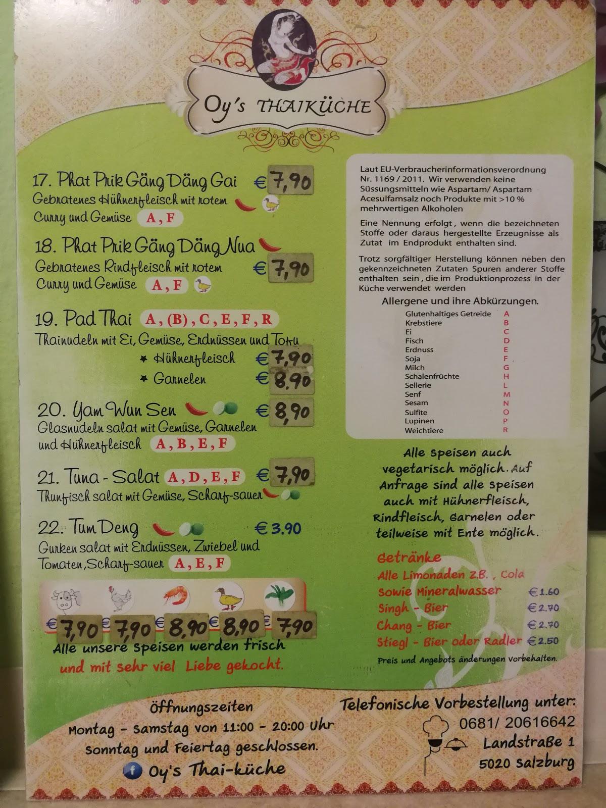Speisekarte von Oy Thai Kitchen restaurant, Salzburg