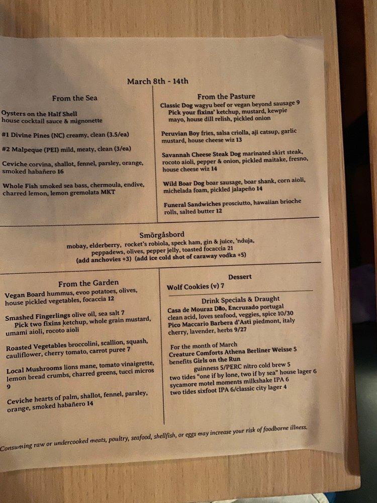 Menu at Sea Wolf Tybee pub & bar, Tybee Island