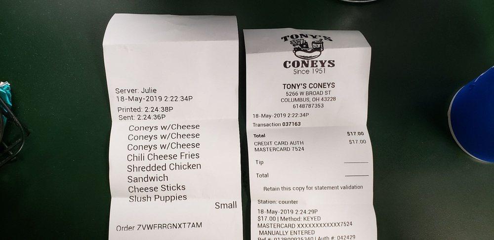 Menu at Tony's Coneys restaurant, Columbus