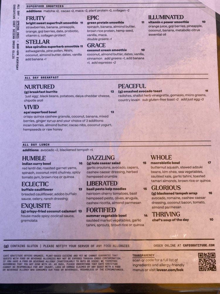Menu at Cafe Gratitude, Newport Beach, Westcliff Dr Suite 112