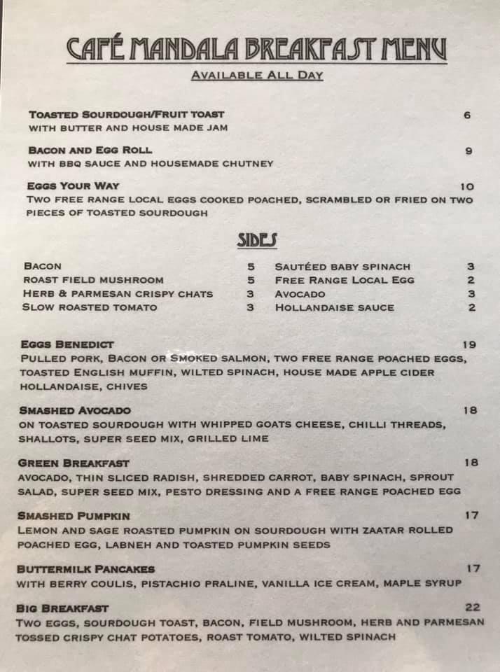 Menu at Cafe Mandala, Kuranda