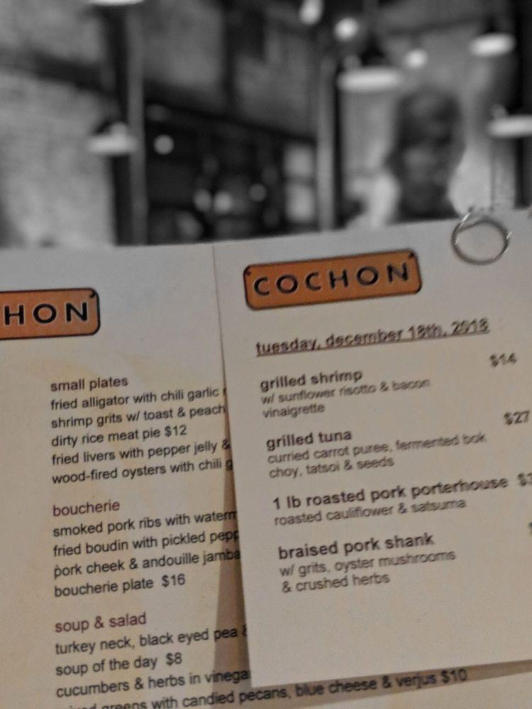 Menu at Cochon Restaurant, New Orleans, 930 Tchoupitoulas St Ste A
