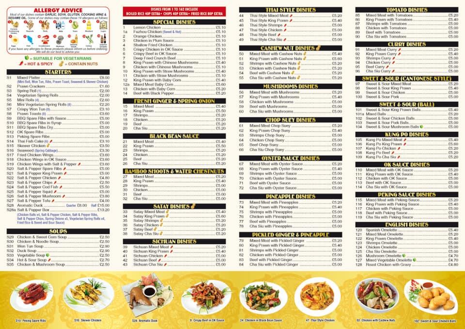 Menu at Flying Dragon restaurant, Bridlington