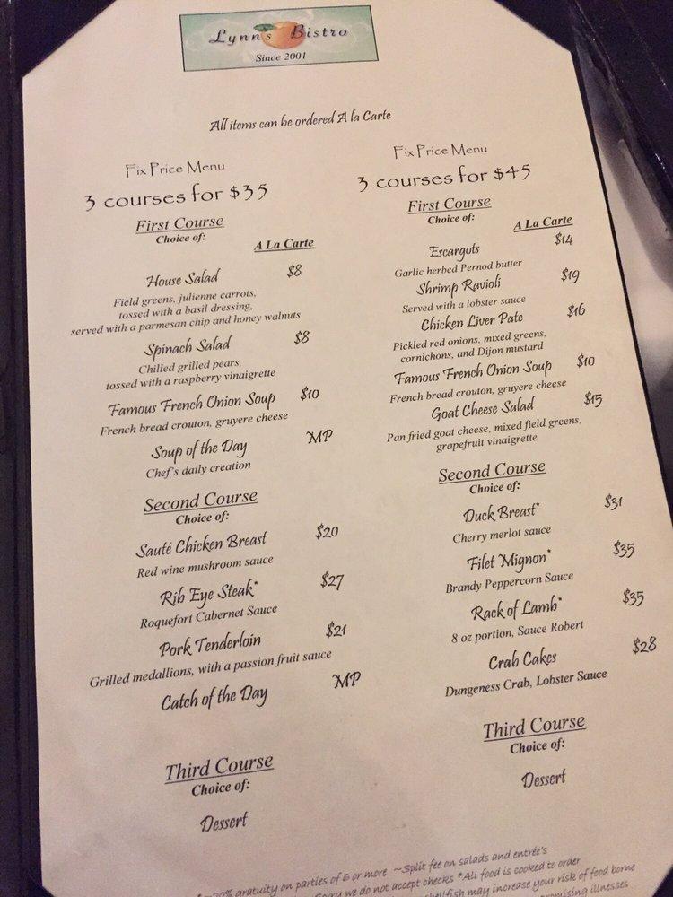 Menu at Lynn's Bistro restaurant, Kirkland