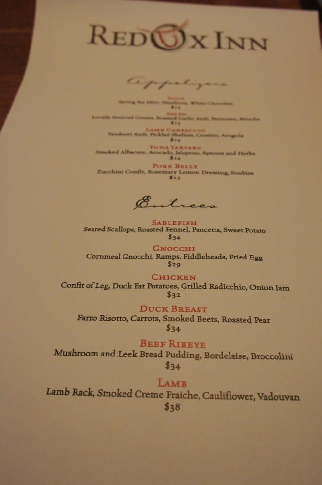Menu at Red Ox Inn restaurant, Edmonton