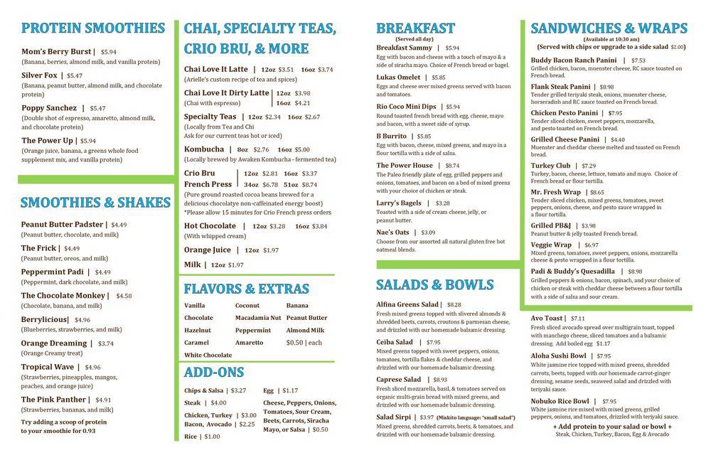 Menu at Rio Coco Cafe & Roastery, Vero Beach