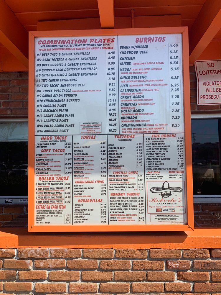Menu at Roberto's Taco Shop restaurant, San Diego, El Cajon Blvd