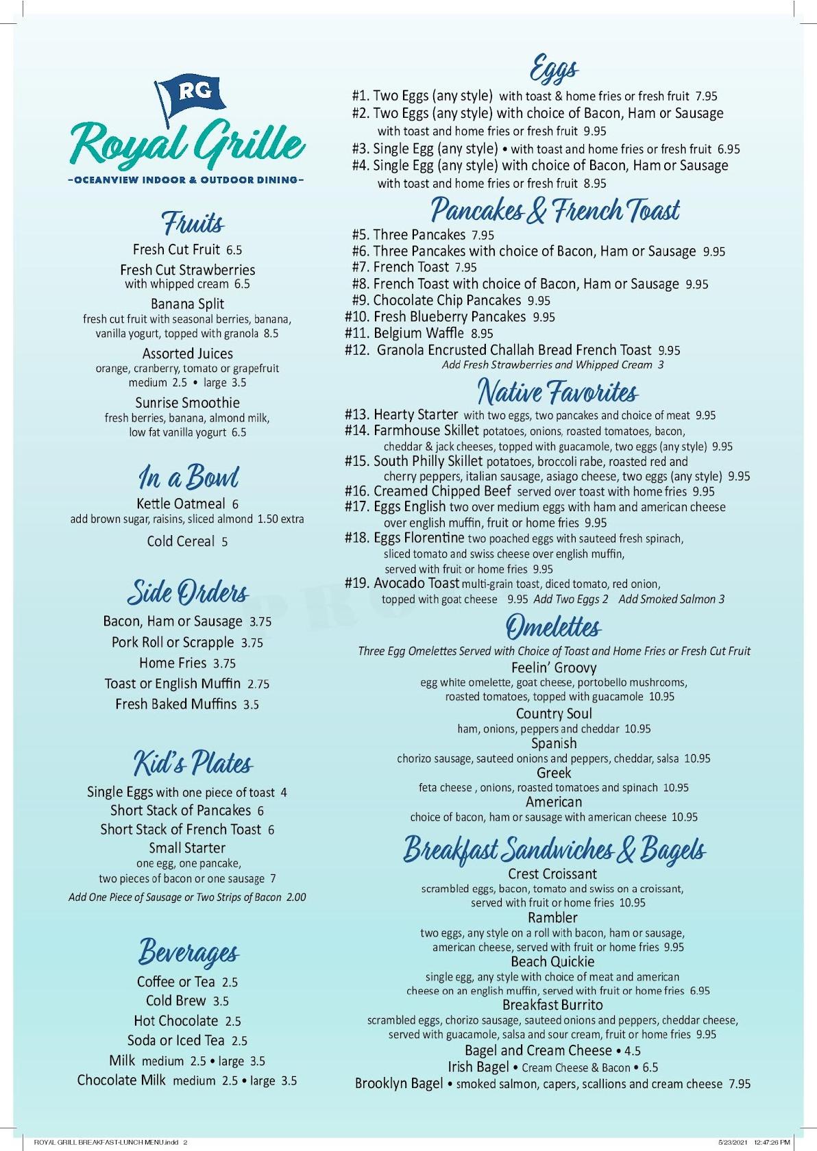Carta del restaurante Royal Grille, Wildwood Crest, Ocean Ave