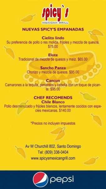 Menu at Spicy's Mexican Grill restaurant, Santo Domingo, Winston ...