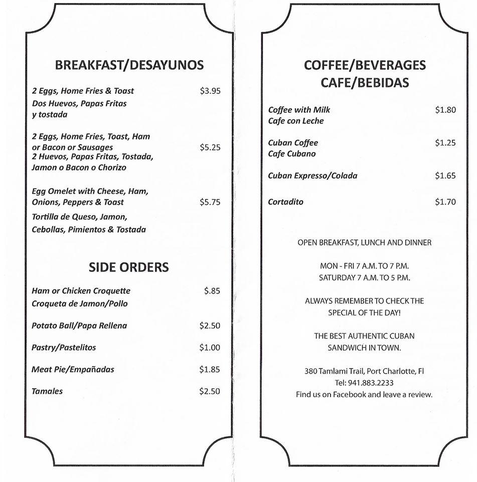 Menu at Cuban Taste Restaurant, Port Charlotte