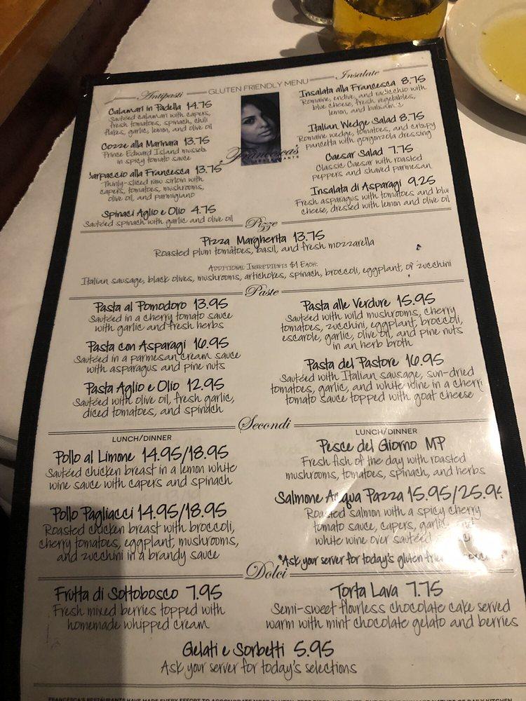 Menu at Francesca's Intimo restaurant, Lake Forest