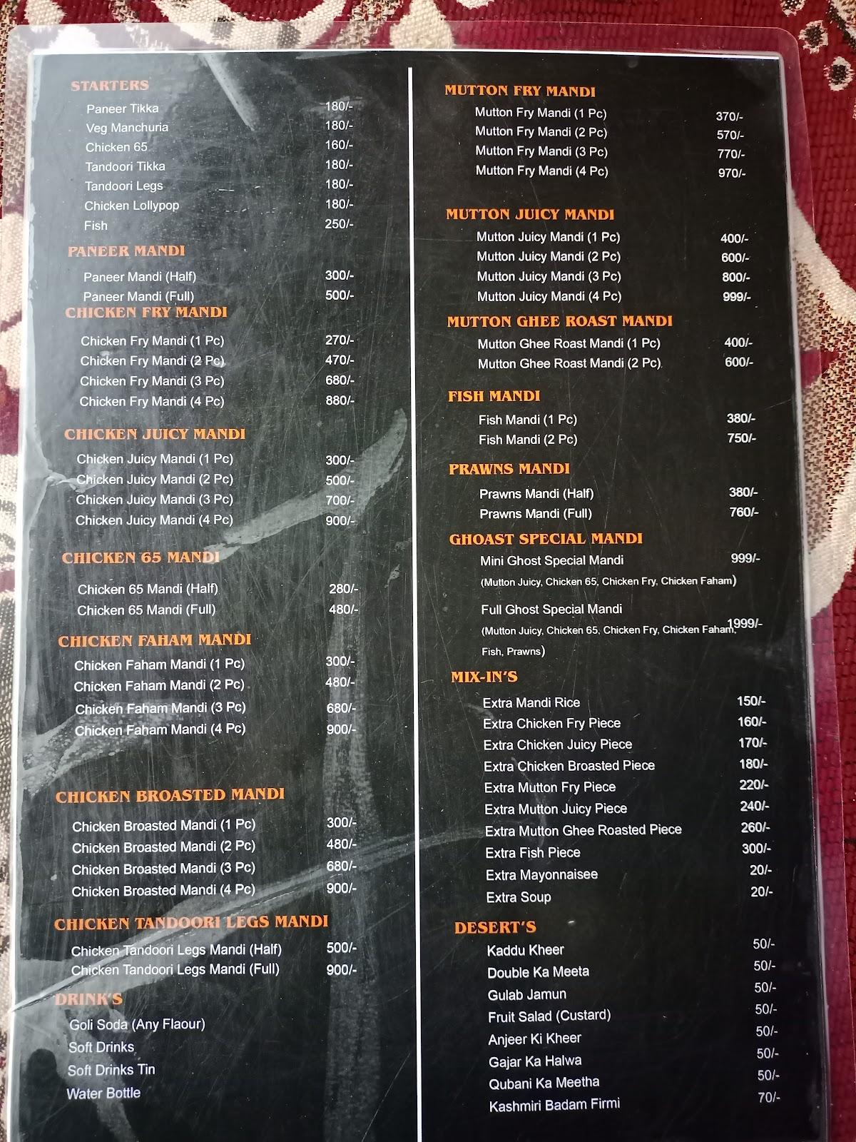 Menu at Ghost Mandi - Arabian Restaurant, Ramachandrapuram-Bhel Township