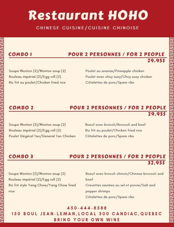 Menu au Ho Ho Cuisine Chinoise restaurant, Candiac