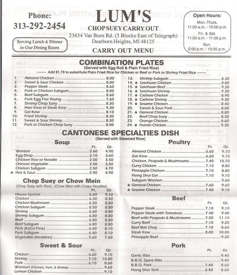 Menu at Lum's Chop Suey restaurant, Dearborn Heights