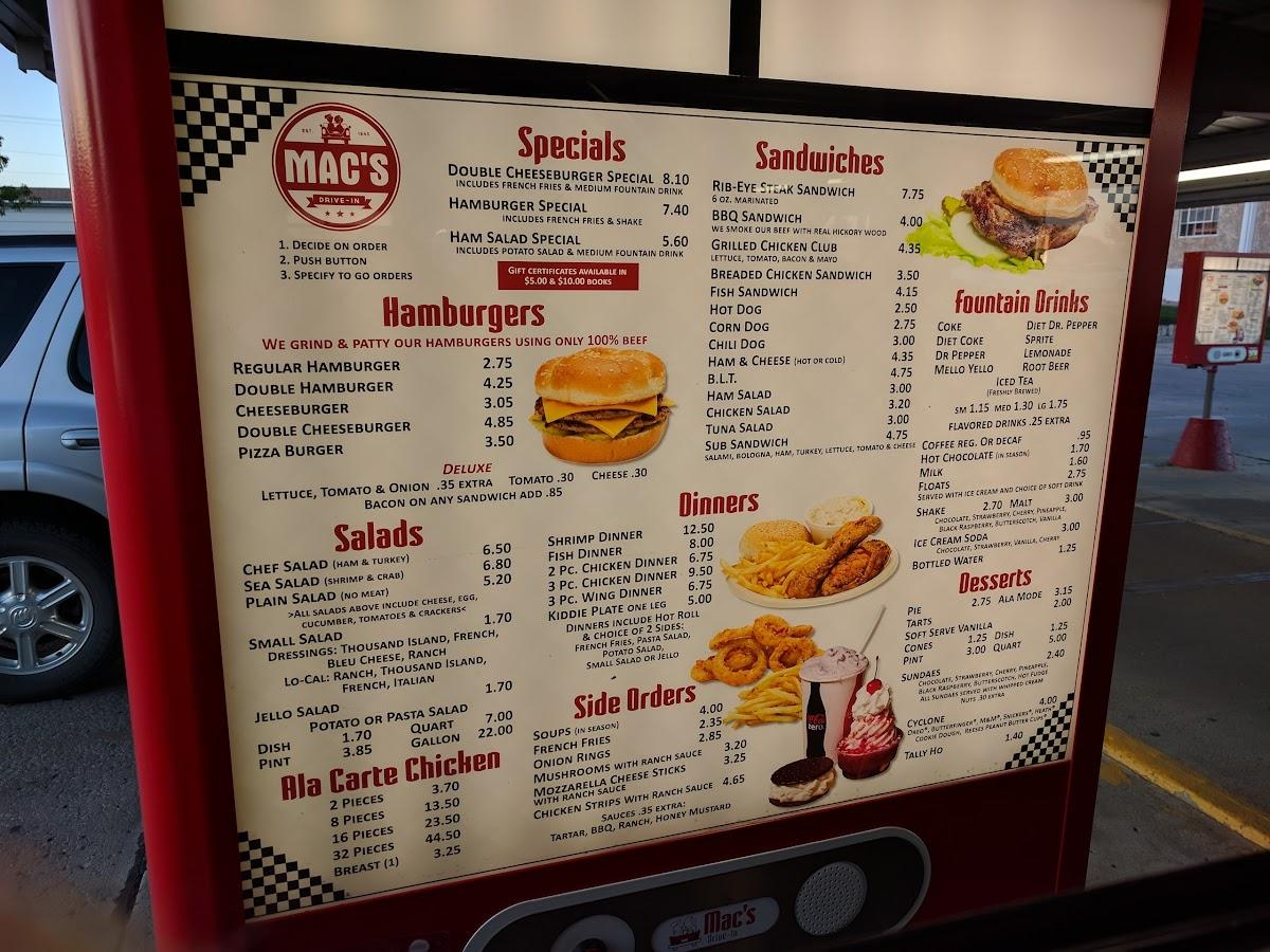 Menu at Mac's Drive-In restaurant, McCook