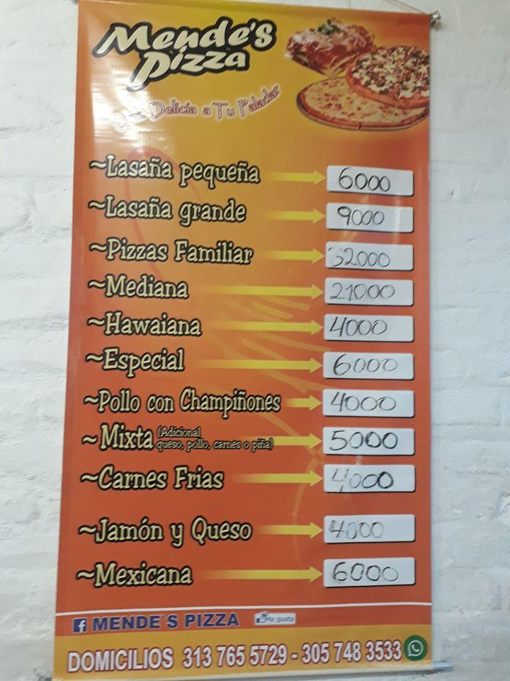 Menu at Mende's pizza pizzeria, Santander de Quilichao