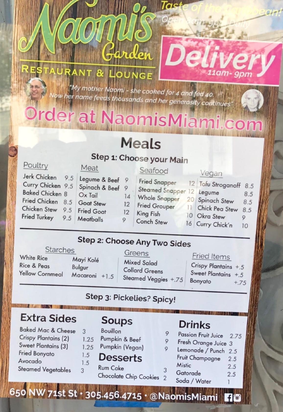 Menu at Naomi's Garden Restaurant & Lounge, Miami, 650 NW 71st St