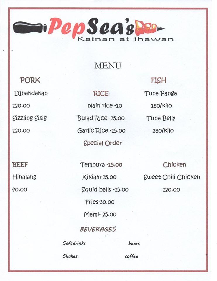 Menu at PepSea's Kainan at Ihawan, Island Garden City of Samal