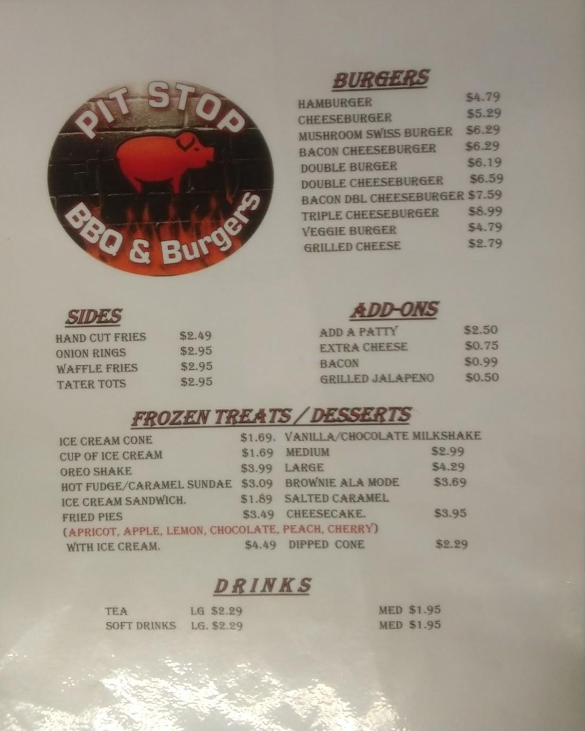Menu at Pit Stop BBQ, Hugo