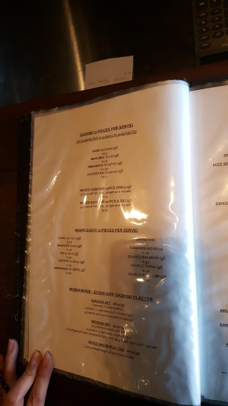 Menu at Sakana Modern Asian restaurant, Townsville