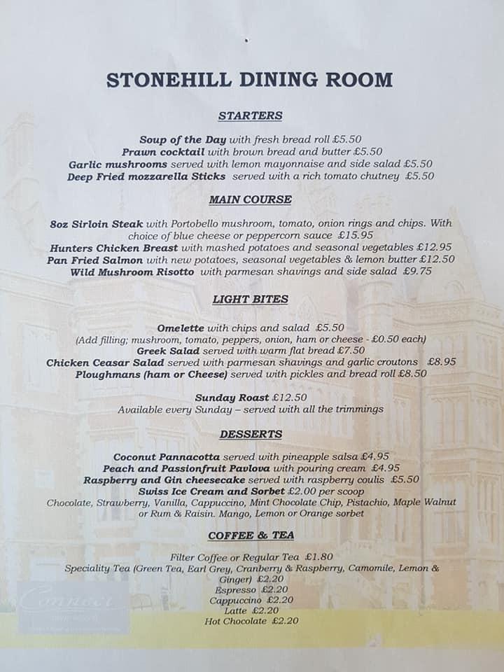 Menu at Stonehill Dining Room restaurant, Cross in Hand