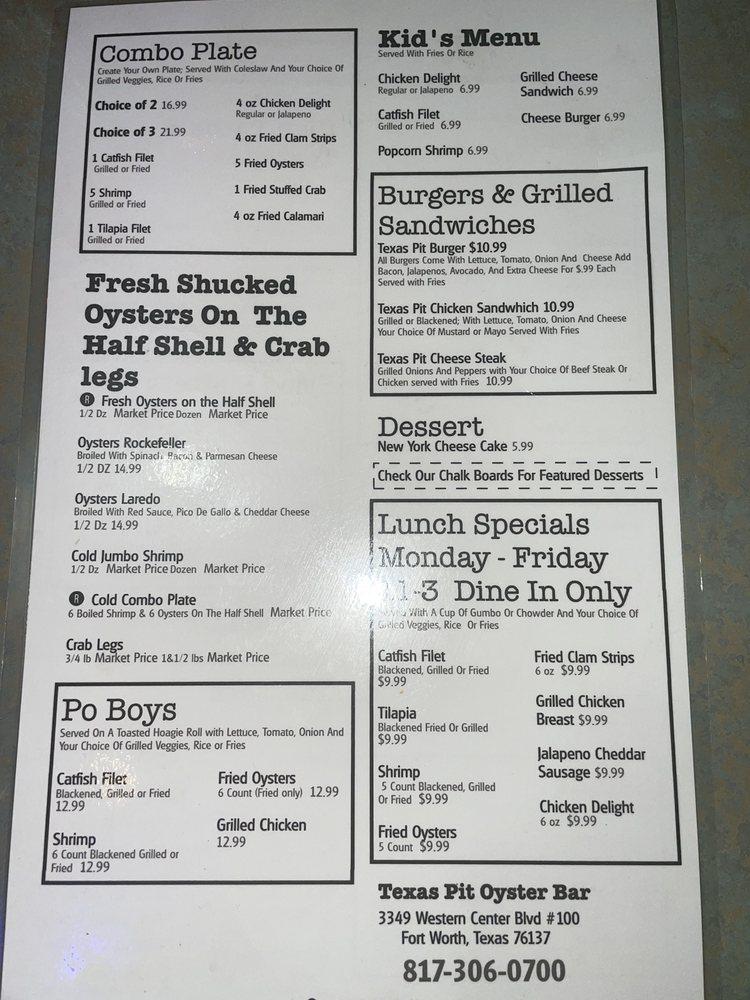 Menu at Texas Pit Oyster Bar, Inc., Fort Worth