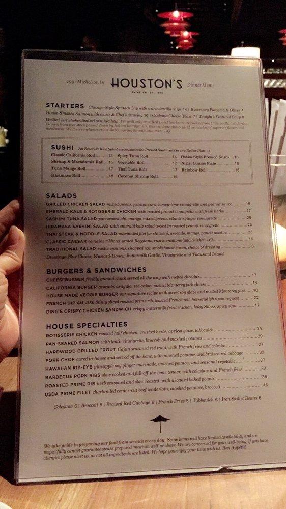 Menu at Houston's steakhouse, Irvine