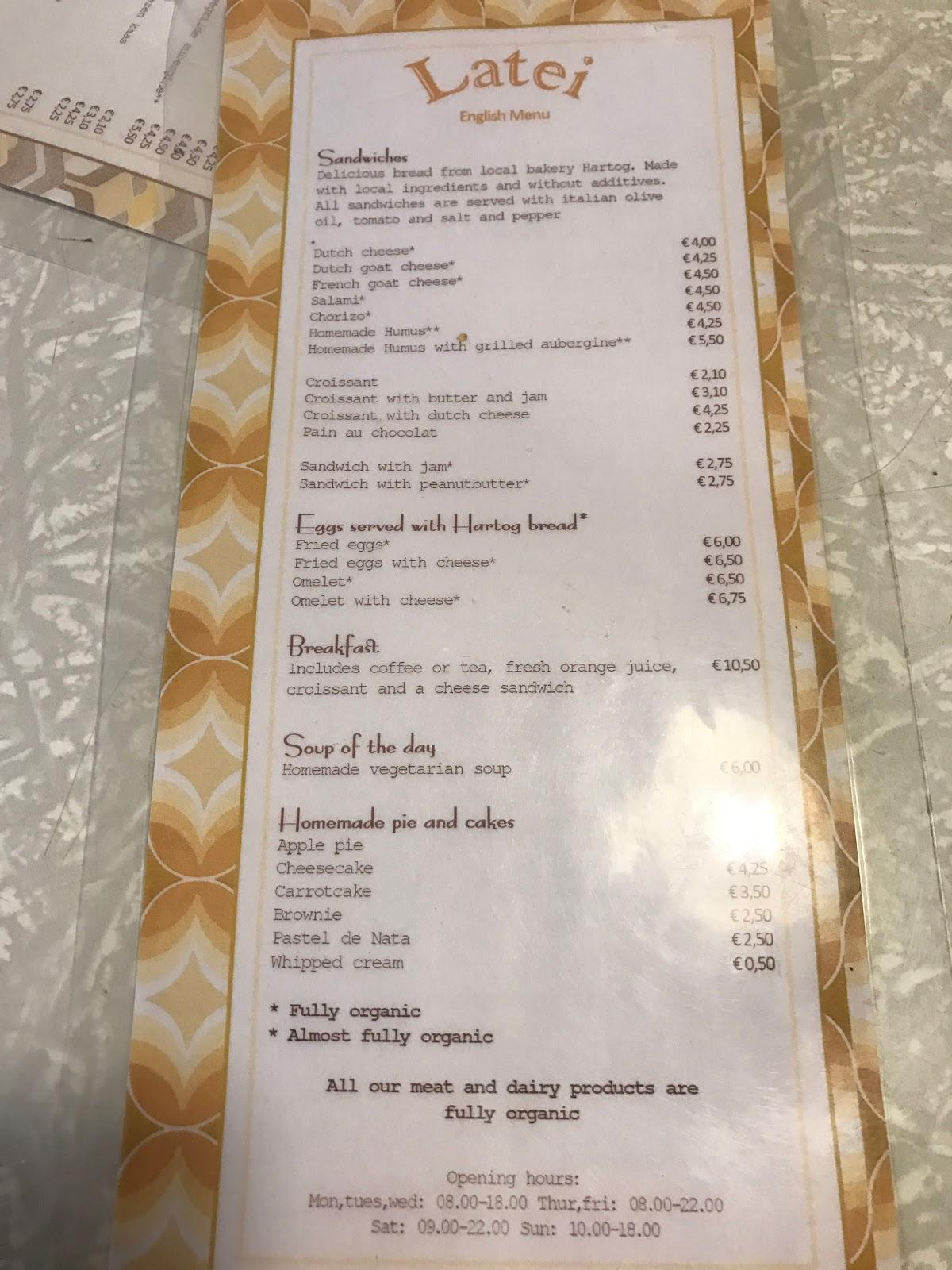Menu at Latei, Amsterdam