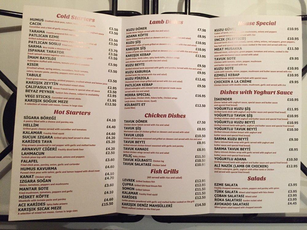 Menu at Mirra restaurant, Colchester