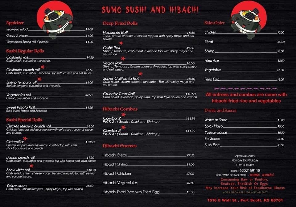 Menu at Sumo sushi and hibachi restaurant, Fort Scott