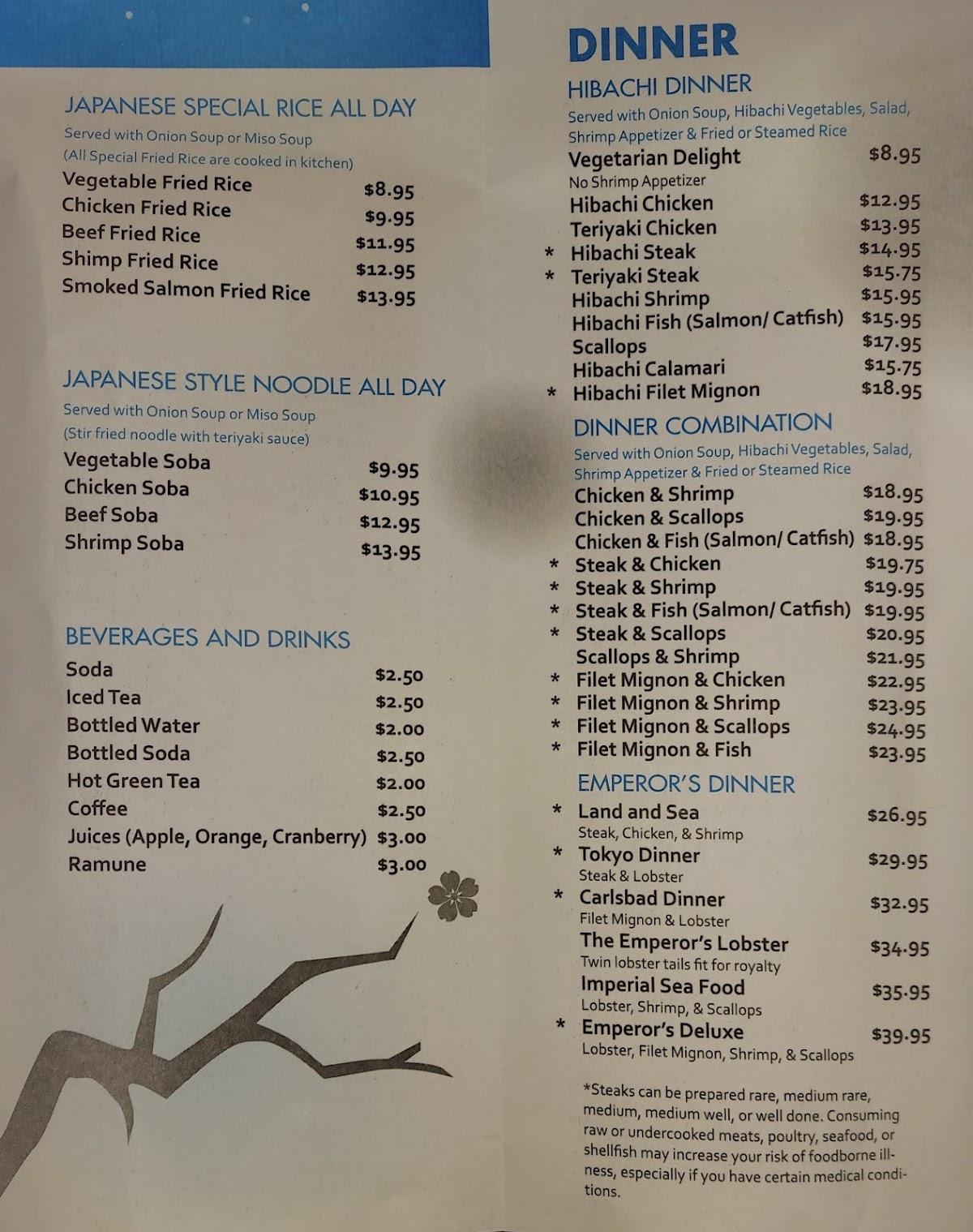 Menu at Tokyo restaurant, Carlsbad