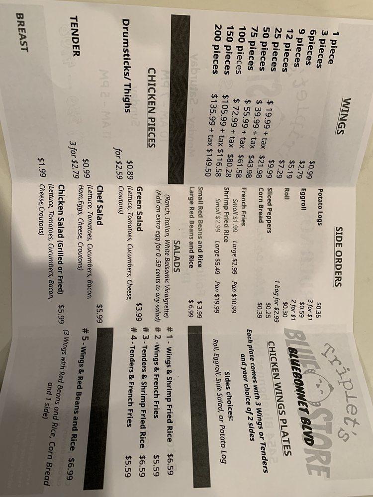 Menu at Triplet's Blue Store Chicken restaurant, Baton Rouge