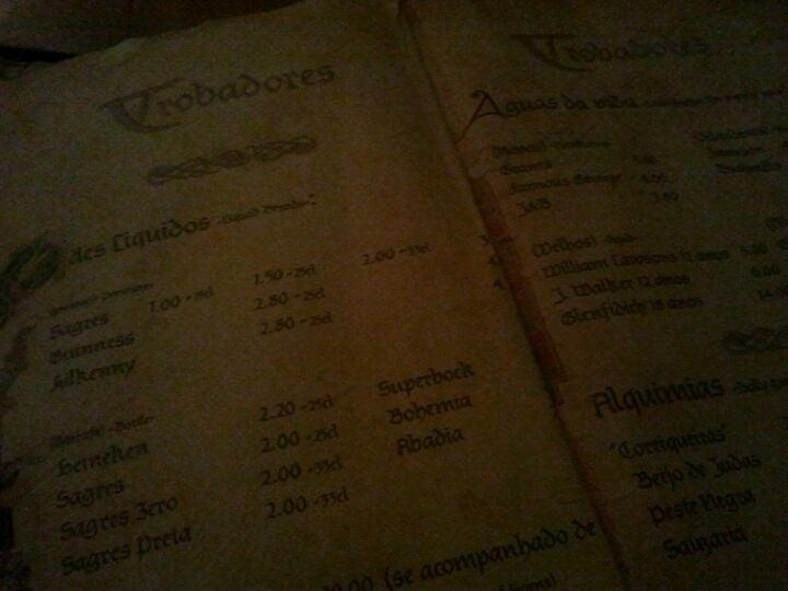 Menu at Trobadores - Taberna Medieval pub & bar, Lisbon