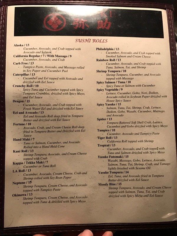 Menu at Yasuke Japanese Sushi restaurant, McAllen