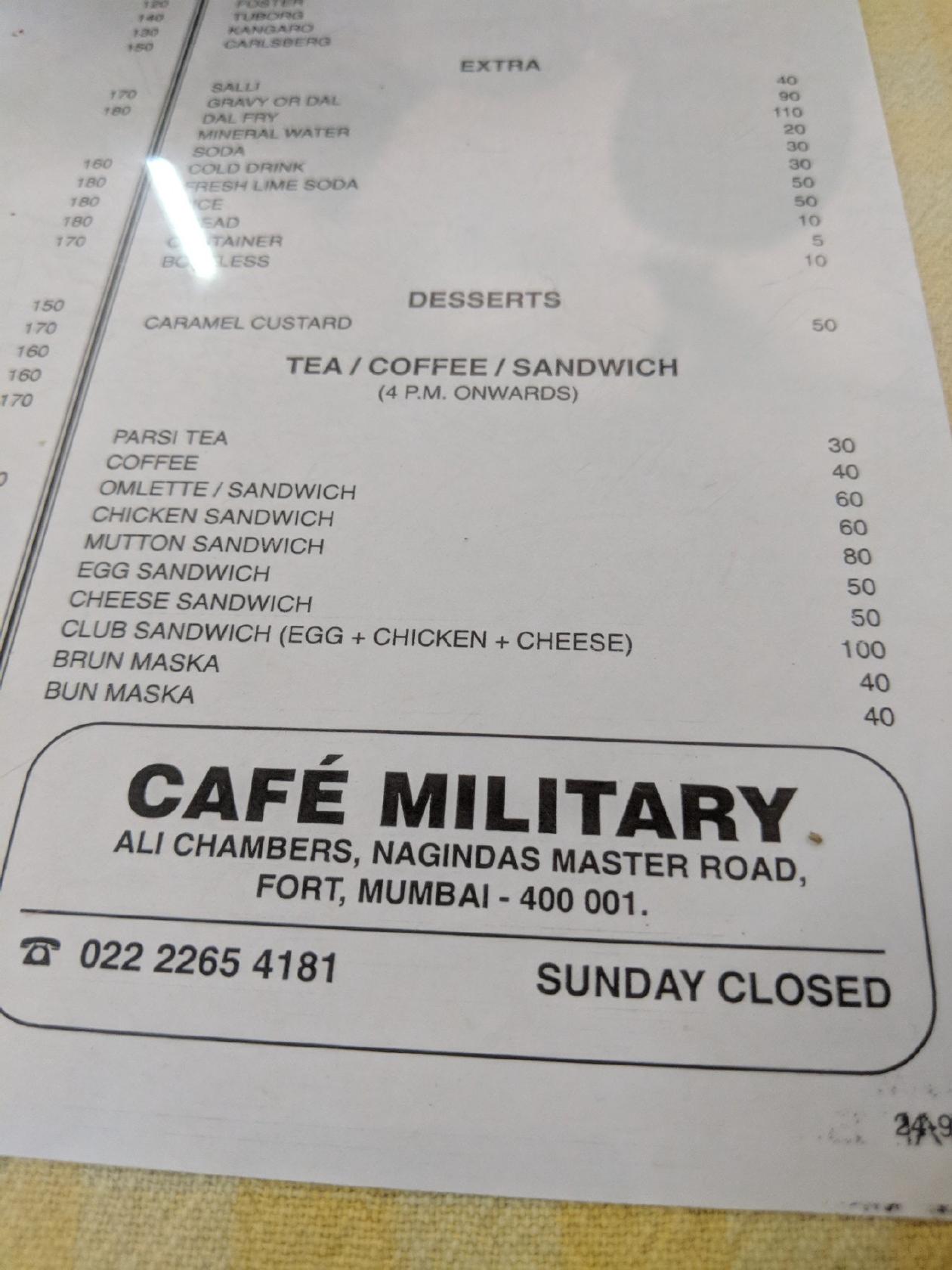 Menu at Cafe Military, Mumbai