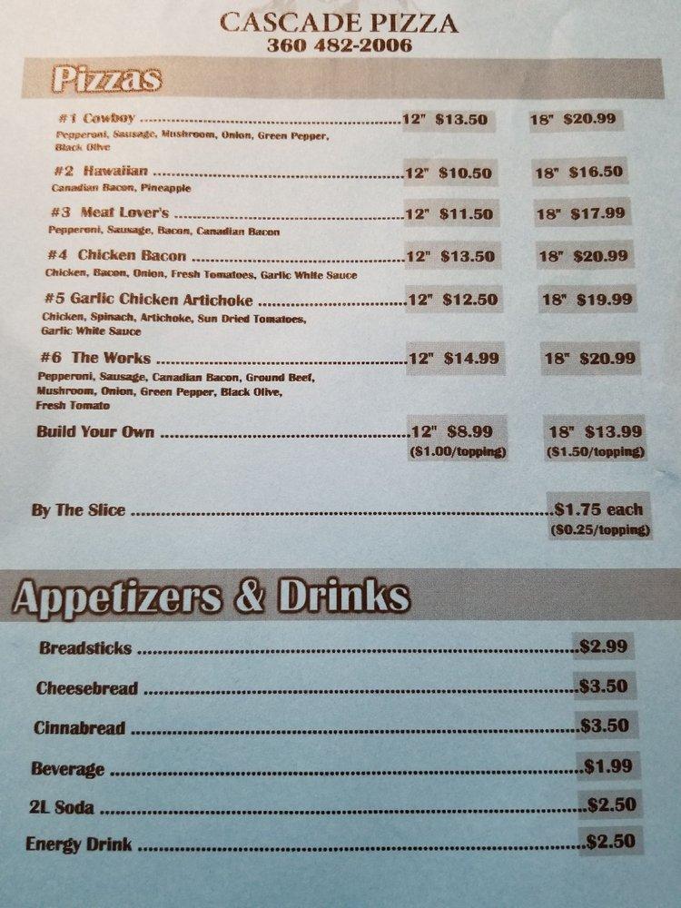 Menu at Cascade Pizza pizzeria, Elma