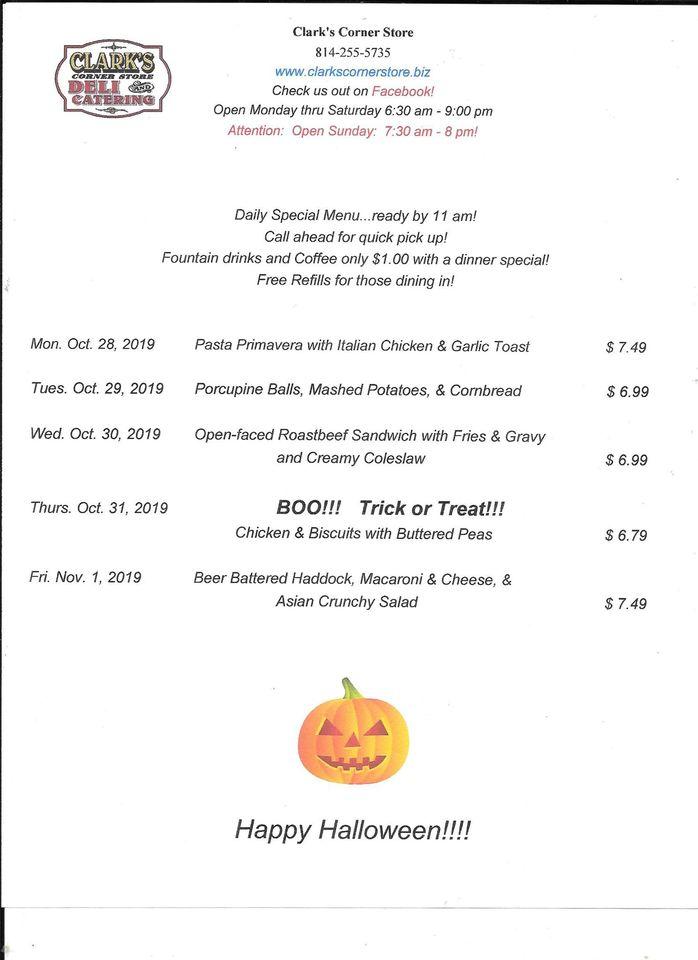 Menu at Clark's Corner Store pizzeria, Johnstown