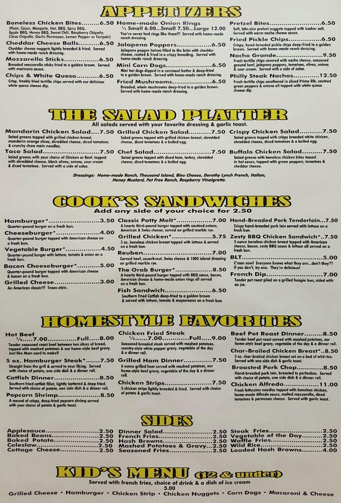 Menu at Cook's Café restaurant, Sheldon