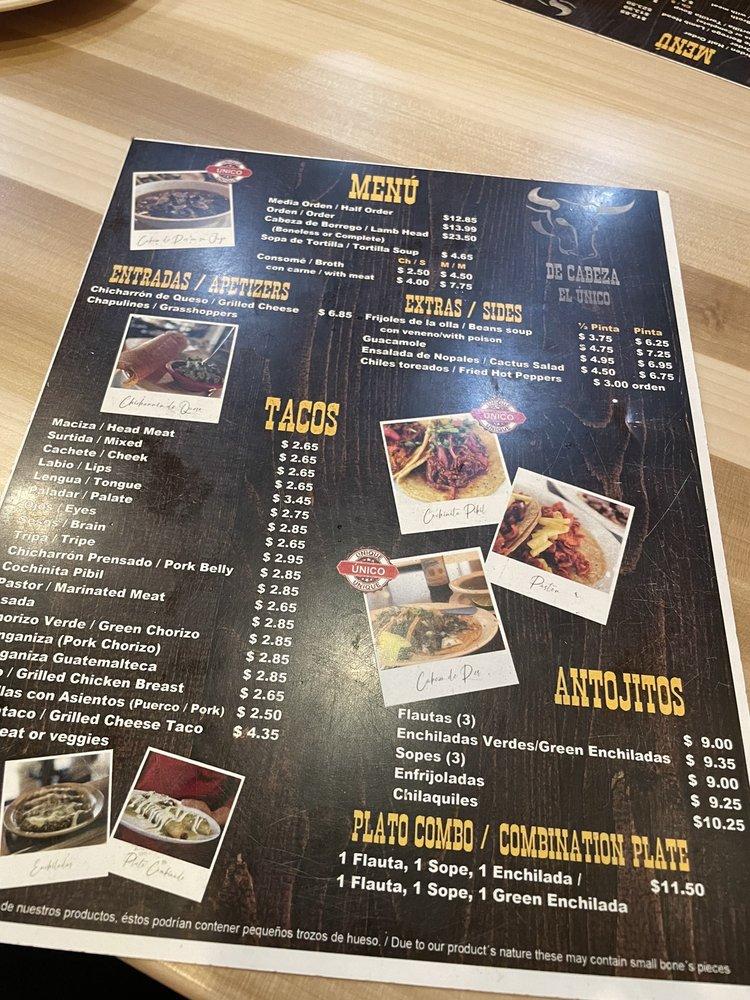 Menu at De Cabeza /El Único restaurant, Chula Vista