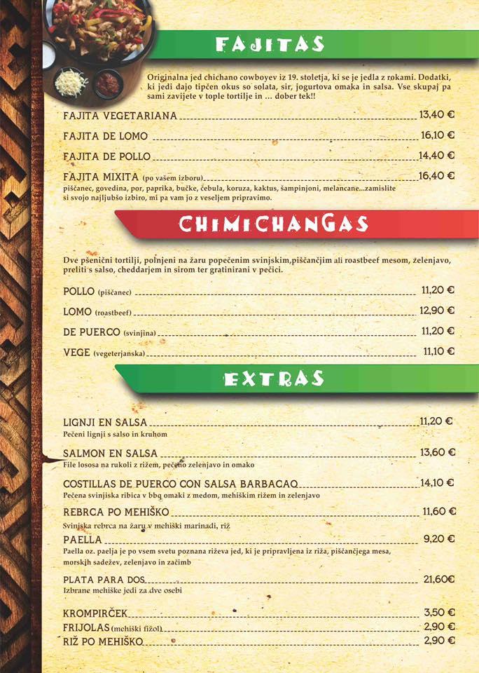 Menu at El restaurante Mexico, Kranj